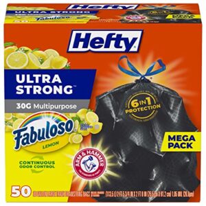 hefty ultra strong multipurpose large trash bags, black, fabuloso lemon scent, 30 gallon, 50ct