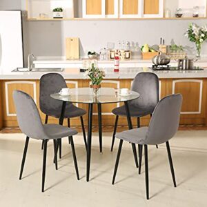 Round Dining Table Set for 4 - Circle Glass Dining Room Table Set,5 Piece Black Dining Set with Velvet Dining Chairs - Modern Kitchen Table and Chairs for Dining Room,Dinette or Small Space,Deep Grey