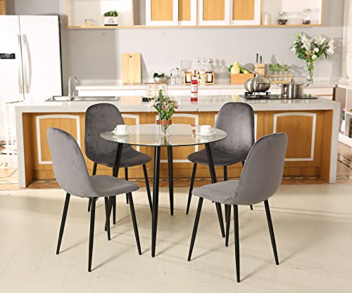 Round Dining Table Set for 4 - Circle Glass Dining Room Table Set,5 Piece Black Dining Set with Velvet Dining Chairs - Modern Kitchen Table and Chairs for Dining Room,Dinette or Small Space,Deep Grey