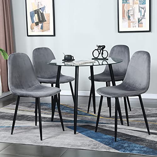 Round Dining Table Set for 4 - Circle Glass Dining Room Table Set,5 Piece Black Dining Set with Velvet Dining Chairs - Modern Kitchen Table and Chairs for Dining Room,Dinette or Small Space,Deep Grey