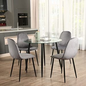 Round Dining Table Set for 4 - Circle Glass Dining Room Table Set,5 Piece Black Dining Set with Velvet Dining Chairs - Modern Kitchen Table and Chairs for Dining Room,Dinette or Small Space,Deep Grey