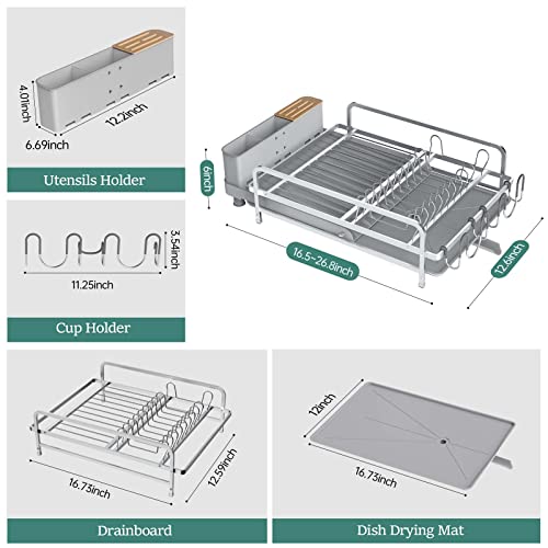 ACMETOP Dish Drying Rack, Extendable Dish Racks for Kitchen Counter, Anti-Rust Dish Drainer with Cutlery and Cup Holders, Drainage, Dishwasher Rack for Dishes, Knives, Spoons, and Forks