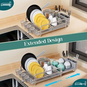 ACMETOP Dish Drying Rack, Extendable Dish Racks for Kitchen Counter, Anti-Rust Dish Drainer with Cutlery and Cup Holders, Drainage, Dishwasher Rack for Dishes, Knives, Spoons, and Forks