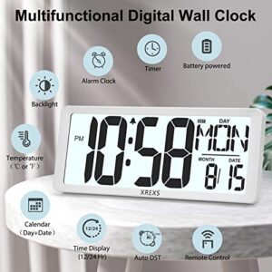 XREXS Large Digital Wall Clock with Backlight, 14.17 Inch Large Display Wall Clock with Remote Control, Count Up & Down Timer, Battery Operated Digital Wall Clock with Temperature, Date&Week for Home