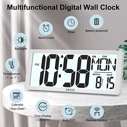 XREXS Large Digital Wall Clock with Backlight, 14.17 Inch Large Display Wall Clock with Remote Control, Count Up & Down Timer, Battery Operated Digital Wall Clock with Temperature, Date&Week for Home