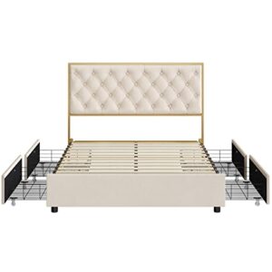 HIFIT Full Bed Frame with 4 Storage Drawers, Upholstered Full Size Bed Frame with Handmade Button Tufted Headboard, Heavy Duty Mattress Foundation with Wooden Slat, No Box Spring Needed,Golden & Beige