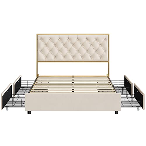 HIFIT Full Bed Frame with 4 Storage Drawers, Upholstered Full Size Bed Frame with Handmade Button Tufted Headboard, Heavy Duty Mattress Foundation with Wooden Slat, No Box Spring Needed,Golden & Beige