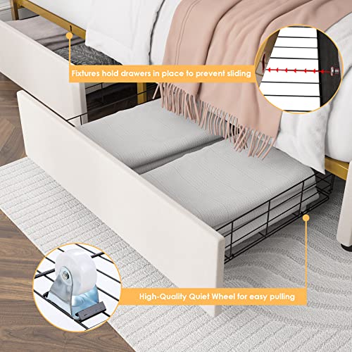 HIFIT Full Bed Frame with 4 Storage Drawers, Upholstered Full Size Bed Frame with Handmade Button Tufted Headboard, Heavy Duty Mattress Foundation with Wooden Slat, No Box Spring Needed,Golden & Beige