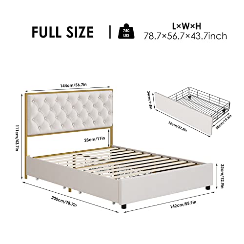 HIFIT Full Bed Frame with 4 Storage Drawers, Upholstered Full Size Bed Frame with Handmade Button Tufted Headboard, Heavy Duty Mattress Foundation with Wooden Slat, No Box Spring Needed,Golden & Beige