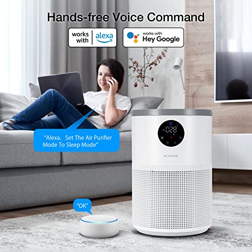 BLITZHOME Air Purifiers for Home, True H13 HEPA Filter, Air Cleaner Filter, Hands-free Voice Command,Pet hair，Cleans Spaces up to 1200 Ft, 360°Air Intake to remove 99.9% of Pet Allergies,Dust,Dander