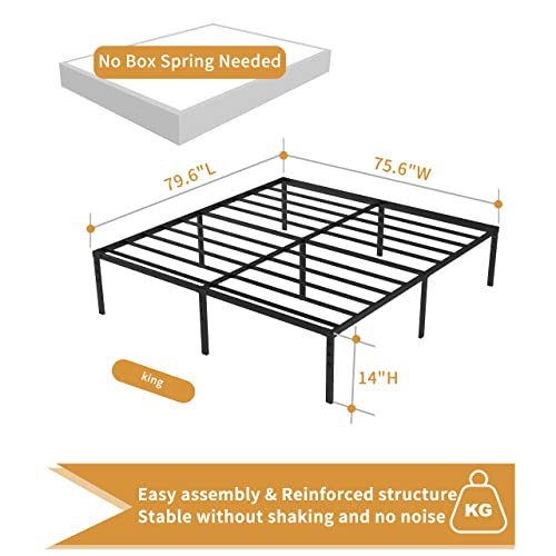 Hafenpo 14 Inch Durable Platform Non-Slip Metal No Box Spring Needed Heavy Duty King Size Bed Frame Easy Assembly Strong Bearing Capacity