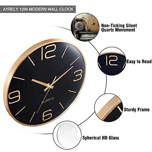 AYRELY® 12 Inch Silent Modern Wall Clocks Battery Operated, Wall Clock for Living Room Décor,Gold Metal Frame Clock Decorative for Bedroom,Kitchen,Office