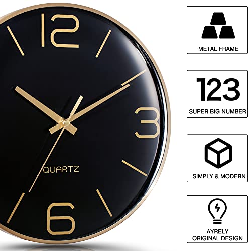 AYRELY® 12 Inch Silent Modern Wall Clocks Battery Operated, Wall Clock for Living Room Décor,Gold Metal Frame Clock Decorative for Bedroom,Kitchen,Office