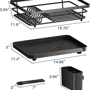 PXRACK Dish Drying Rack, Dish Rack for Kitchen Counter with Utensil Holder, Space-Saving Durable Dish Drainer Organizer with Drainboard for Kitchen, Black