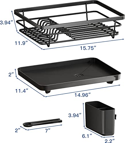 PXRACK Dish Drying Rack, Dish Rack for Kitchen Counter with Utensil Holder, Space-Saving Durable Dish Drainer Organizer with Drainboard for Kitchen, Black