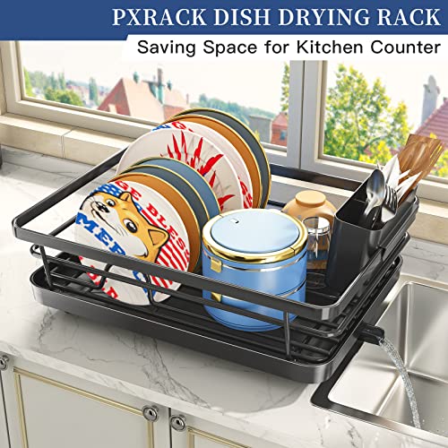 PXRACK Dish Drying Rack, Dish Rack for Kitchen Counter with Utensil Holder, Space-Saving Durable Dish Drainer Organizer with Drainboard for Kitchen, Black