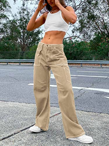 Dokotoo Lounge Women's Pants 2023 Palazzo Dress Pants for Women High Waisted with Pockets Jogger Stretchy Y2K Cargo Pants Khaki