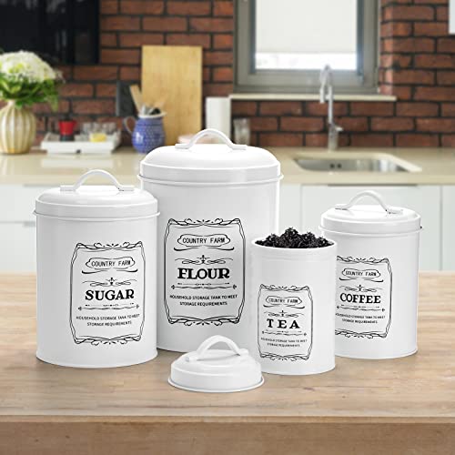 Yarlung Set of 4 Kitchen Canisters with Airtight Lids, Coffee Tea Sugar Flour Metal Tin Jars Nesting Food Storage Container Set for Farmhouse Decor, Countertop Pantry Organizer, 4 Sizes White