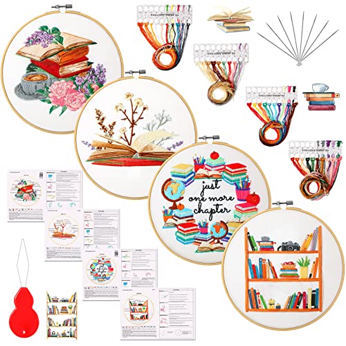 4 Set Embroidery Kit for Beginners Adults Cross Stitch Embroidery Kit for Book Lovers DIY Needlepoint Kit with Book Patterns, Instructions, Embroidery Hoops, Needles, Colored Threads, Needle Threader