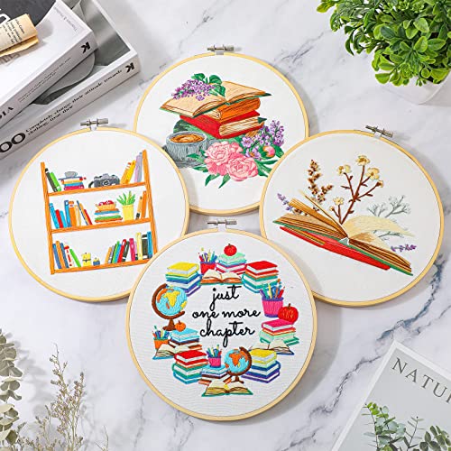 4 Set Embroidery Kit for Beginners Adults Cross Stitch Embroidery Kit for Book Lovers DIY Needlepoint Kit with Book Patterns, Instructions, Embroidery Hoops, Needles, Colored Threads, Needle Threader