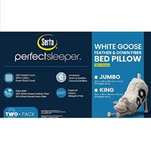 Serta 233 Thread Count White Feather Goose Down Pillow 100% Cotton King Size 2 Pack Pillow for Back Sleeper