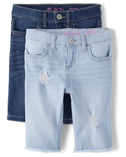 The Children's Place Girls' Denim Skimmer Jean Shorts, 2 Pack, Tessa Wash/Medium Blue Wash, 8