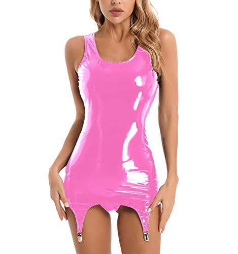 YiZYiF Women's Wetlook Sexy U Neck Sleeveless Bodycon Latex Short Mini Dress with Garter Belt Hot Pink Small