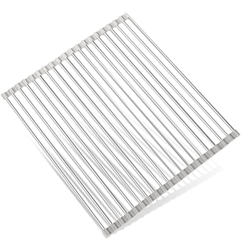 YQMYXG Over The Sink Dish Drying Rack, Roll Up Dish Drying Rack Kitchen Dish Rack Stainless Steel Sink Drying Rack, Foldable Wire Dish Drying Rack for Kitchen Sink Counter (17.7 * 15.7in, Gray)