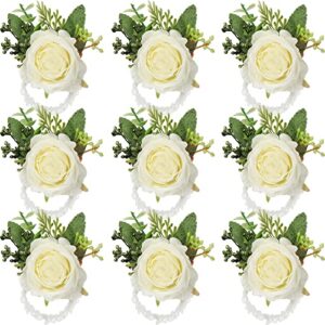 12 pcs rose wrist corsage bracelets wedding bridal wrist flower hand flower decor wrist flower wristband for bride bridesmaid homecoming prom party decor (white elegant)