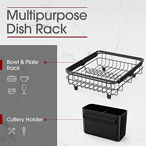 Sakugi Sink Drying Rack - Dish Rack with Drainboard for Kitchen Counter - Multifunctional Expandable Dish Drying Rack Used Over Sink, in Sink & on Countertop, Made of Rustproof Stainless Steel, Black