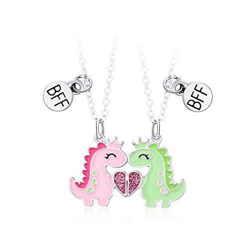 Best Friend Necklace Gifts Friendship Necklace Magnetic Matching BFF Necklace for 2 Girls Sister (Pink Green Dino)