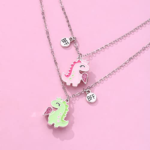 Best Friend Necklace Gifts Friendship Necklace Magnetic Matching BFF Necklace for 2 Girls Sister (Pink Green Dino)