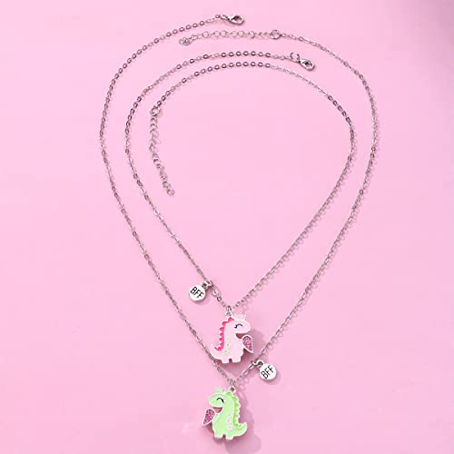 Best Friend Necklace Gifts Friendship Necklace Magnetic Matching BFF Necklace for 2 Girls Sister (Pink Green Dino)