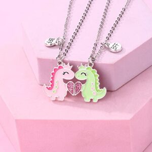 Best Friend Necklace Gifts Friendship Necklace Magnetic Matching BFF Necklace for 2 Girls Sister (Pink Green Dino)