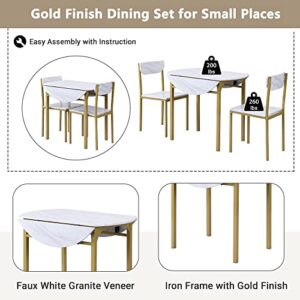 P PURLOVE 3 Piece Round Kitchen Table Set Wood Dining Table Set with Drop Leaf Table and 2 Chairs for Small Places, Apartment(Golden Frame+Faux White Granite Finish)