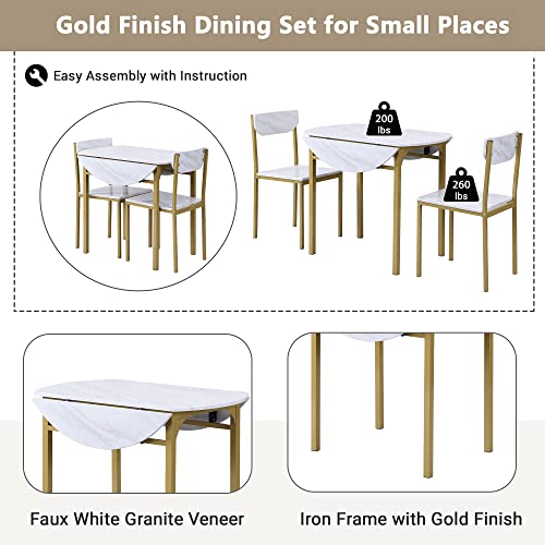 P PURLOVE 3 Piece Round Kitchen Table Set Wood Dining Table Set with Drop Leaf Table and 2 Chairs for Small Places, Apartment(Golden Frame+Faux White Granite Finish)