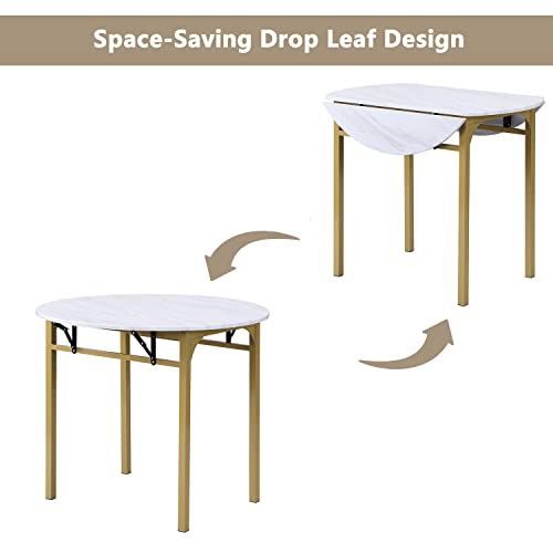 P PURLOVE 3 Piece Round Kitchen Table Set Wood Dining Table Set with Drop Leaf Table and 2 Chairs for Small Places, Apartment(Golden Frame+Faux White Granite Finish)