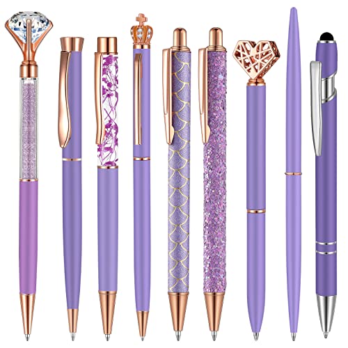 9 Pcs Ballpoint Pens Set Metal Crystal Diamond Pen Liquid Sand Glitter Pen for Journaling Black Ink Pretty Cute Pens Fancy Pens Gifts for Women Girls Back to School Office Desk (Purple)