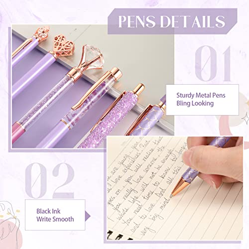 9 Pcs Ballpoint Pens Set Metal Crystal Diamond Pen Liquid Sand Glitter Pen for Journaling Black Ink Pretty Cute Pens Fancy Pens Gifts for Women Girls Back to School Office Desk (Purple)