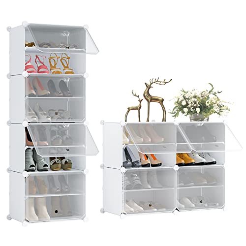 UNZIPE Shoe Rack, 8-Tier Shoe Storage Cabinet 16 Pair Free Standing Shoe Racks Plastic Shoes Shelves DIY Cube Organizer for Closet Hallway Bedroom Entryway Garage, White