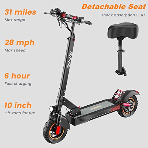 iENYRID Electric Scooter for Adults with Seat, 600w Motor(800w Peak Power), 28mph Top Speed, 31miles of Range, 10'' Off Road Tire, Dual Suspension & Dual Brake System, Commuter E Scooter