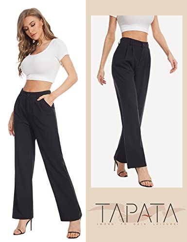 Tapata Womens Wide Leg High Waist Straight Leg Casual Pants Stretch Comfy Pockets Relaxed Fit, Black, 2