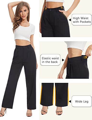 Tapata Womens Wide Leg High Waist Straight Leg Casual Pants Stretch Comfy Pockets Relaxed Fit, Black, 2