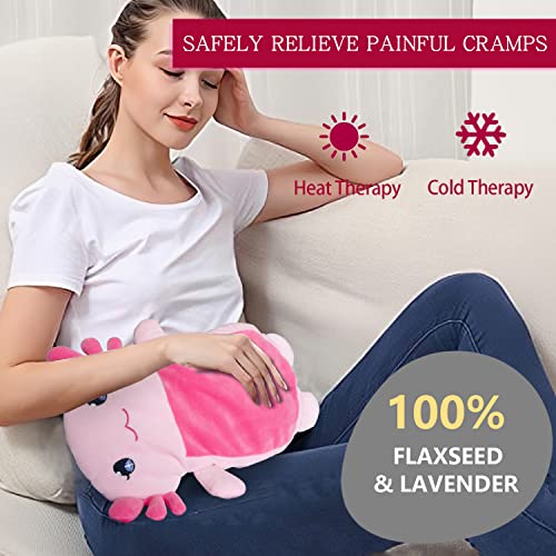 Microwave Heating Pads for Cramps & Period Pain Relief, 10" x 13" Cuddle & Cute Axolotl Microwavable Heating Pad for Menstruation with Washable Cover, Moist Heat Pack Gifts for Women & Girls, Pink