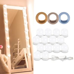 led vanity lights for mirror, consciot hollywood style lights with 14 dimmable bulbs, adjustable color & brightness, usb cable, mirror lights stick on for makeup table dressing room mirror,white