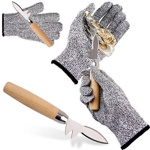 Oyster Shucking Knife and Gloves Set, Oyster Opener Tool Kit, Oyster Shucking Kit, Seafood Tools Gift Set, Clam Oyster Knife Shucker with Cut Resistant Level 5 Protection Gloves