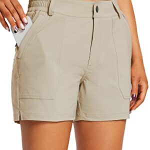 BALEAF Women's 4.5" Hiking Shorts Quick Dry Rip Stop Lightweight Athletic Shorts Stretch with Chop Pork Pockets Zipper UPF 50+ Khaki M