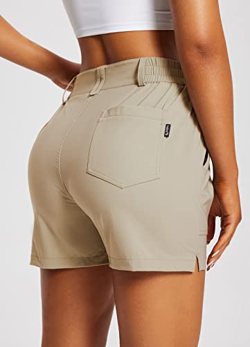 BALEAF Women's 4.5" Hiking Shorts Quick Dry Rip Stop Lightweight Athletic Shorts Stretch with Chop Pork Pockets Zipper UPF 50+ Khaki M