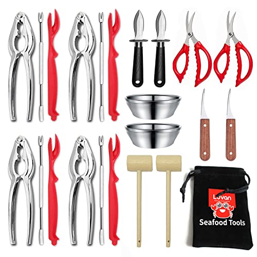 Luvan 23 Pcs Crab Crackers and Tools Set with 4 Crab leg Crackers, 4 Crab Forks, 4 Lobster Shellers, 2 Seafood Scissors, 2 Oyster Knife, 2 Shrimp Deveiner Tool, 2 Crab Mallet, 2 Sauce Cups and 1 Bag