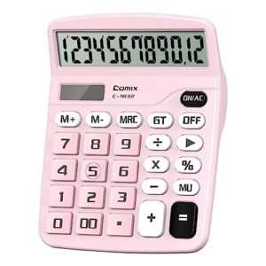 comix desktop calculator 12 digit with large lcd display and big button, 12 digits baisc calculator, solar battery dual powered, for office home school c-1832(pink)